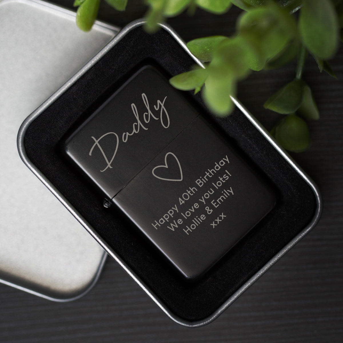 Personalised Matt Black Lighter – Heart & Message Design – Spoken Gifts LTD
