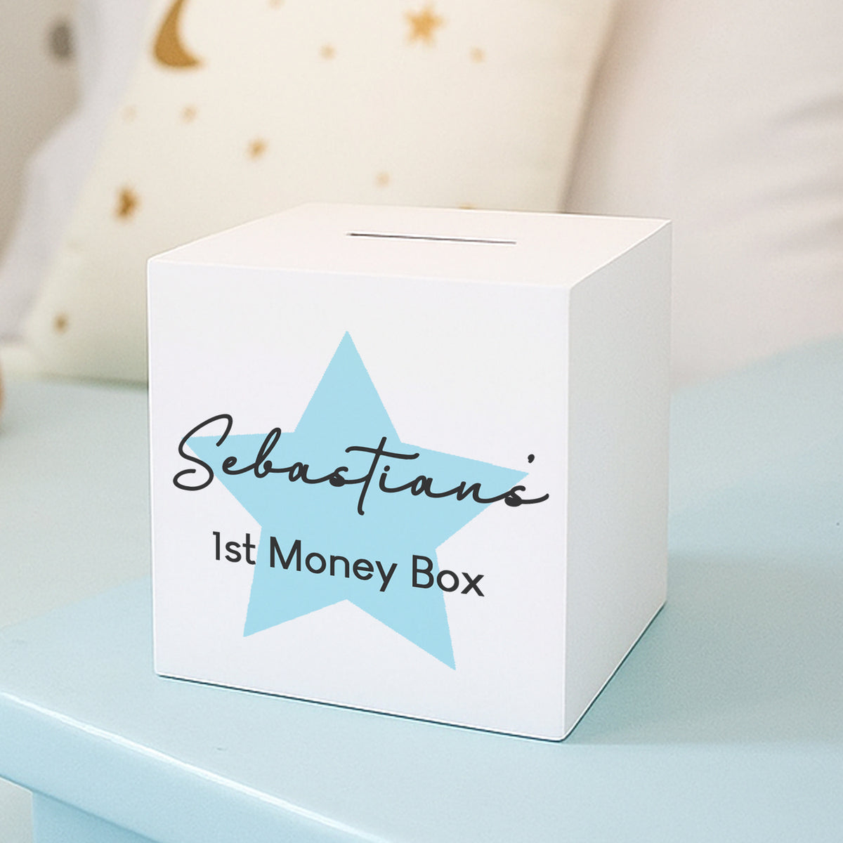 Personalised Blue Star Wooden Money Box – Spoken Gifts LTD