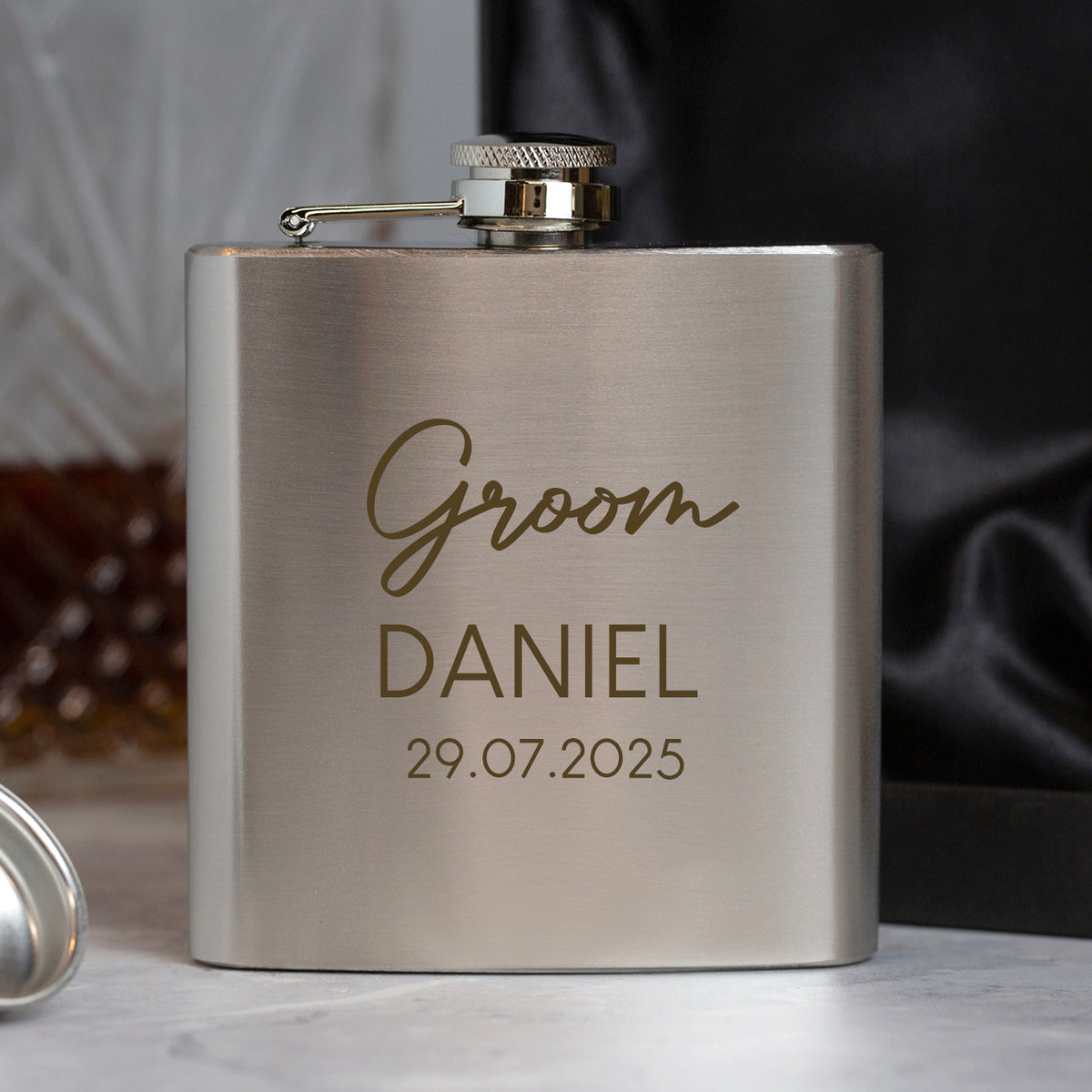 Personalised 6oz Silver Groom Script Wedding Hip Flask – Spoken Gifts LTD