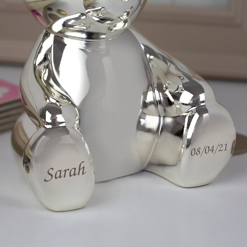 Personalised Silver Teddy Bear Money Box – Engraved Christening Gift ...