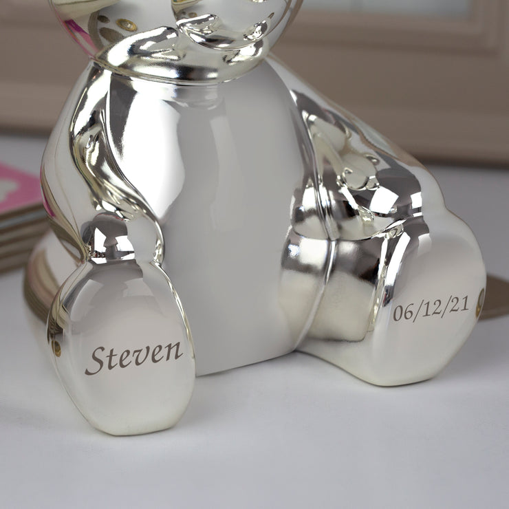 Personalised Silver Teddy Bear Money Box – Engraved Christening Gift ...