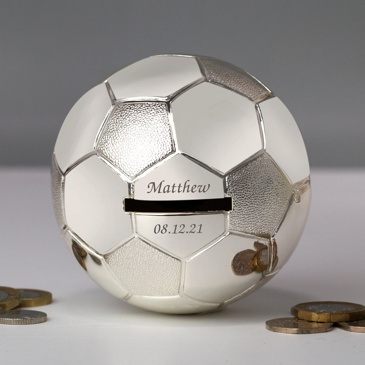 Personalised Message Silver Football Money Box – Spoken Gifts LTD
