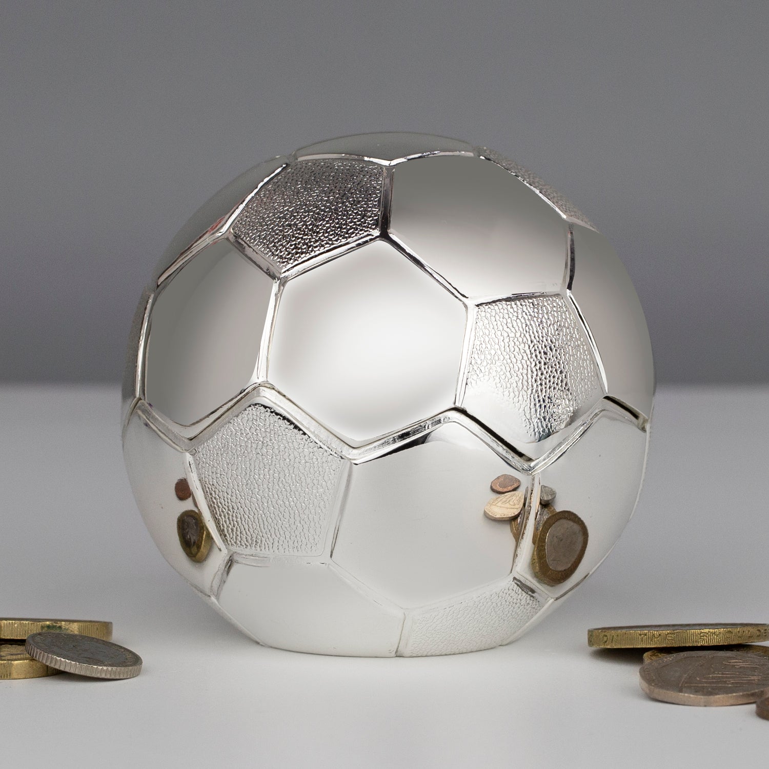 Personalised Message Silver Football Money Box – Spoken Gifts LTD