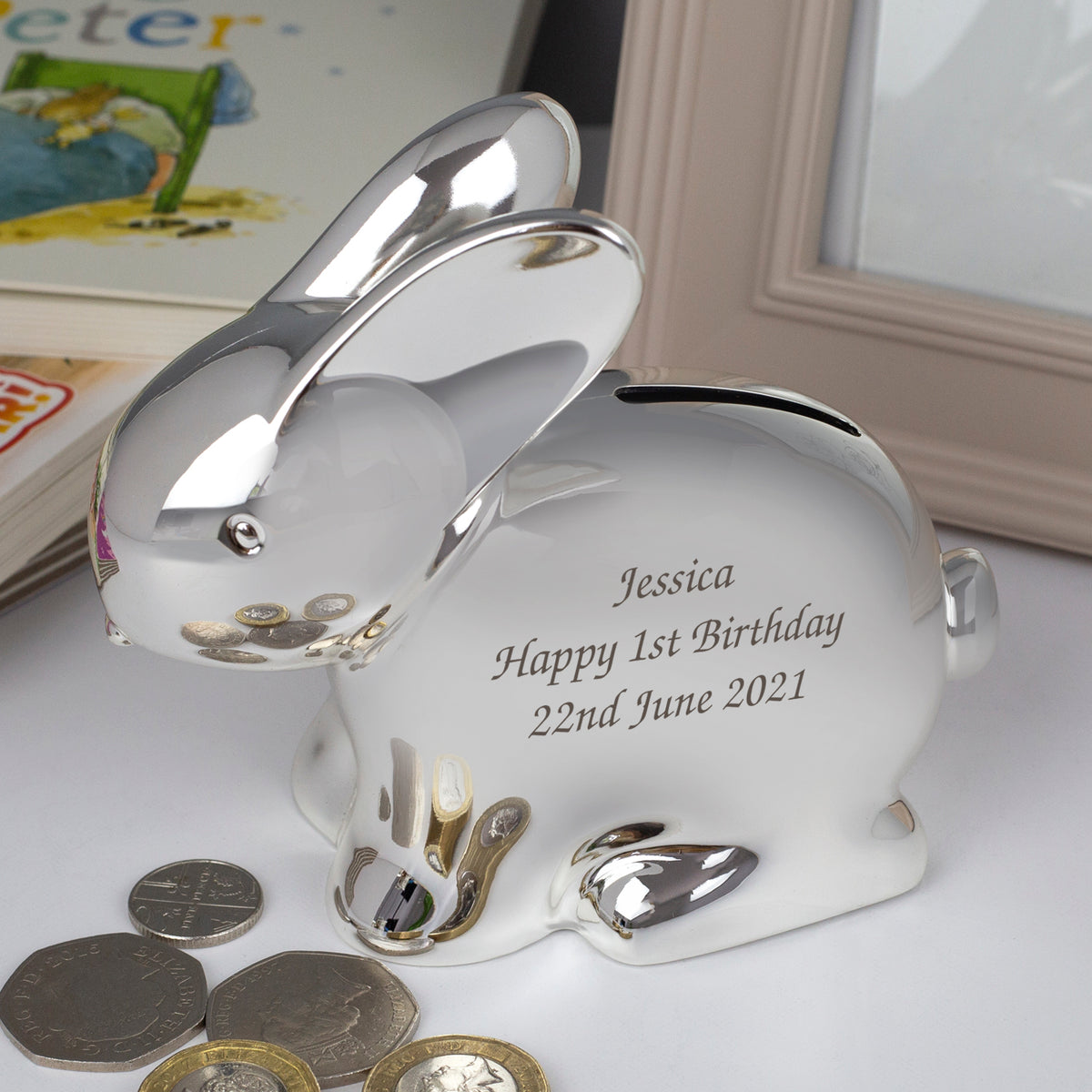 Personalised Message Silver Rabbit Money Box – Spoken Gifts LTD